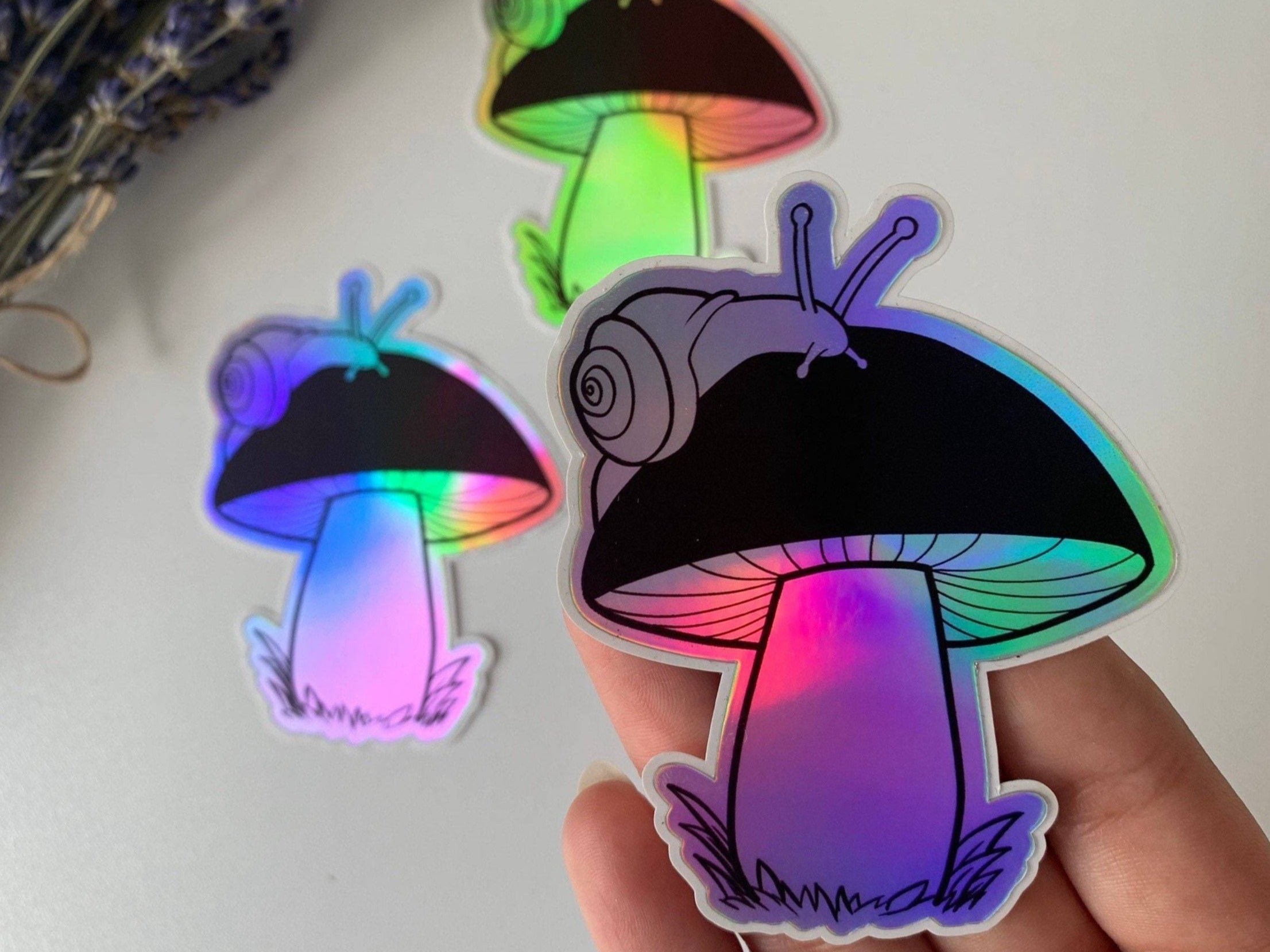 Mushroom + Snail Holographic Sticker Rainbow Effect | Handmade Woman ...